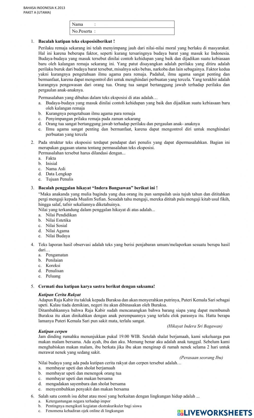 Soal usp bahasa indonesia interactive worksheet | Live Worksheets