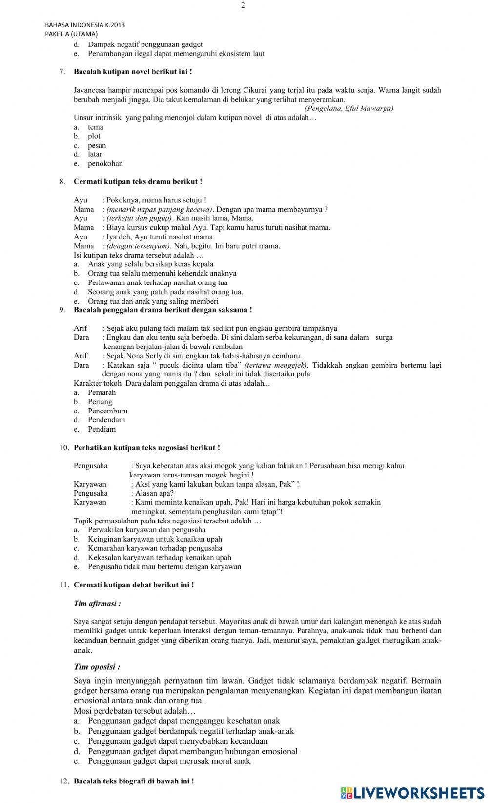 Soal usp bahasa indonesia interactive worksheet | Live Worksheets