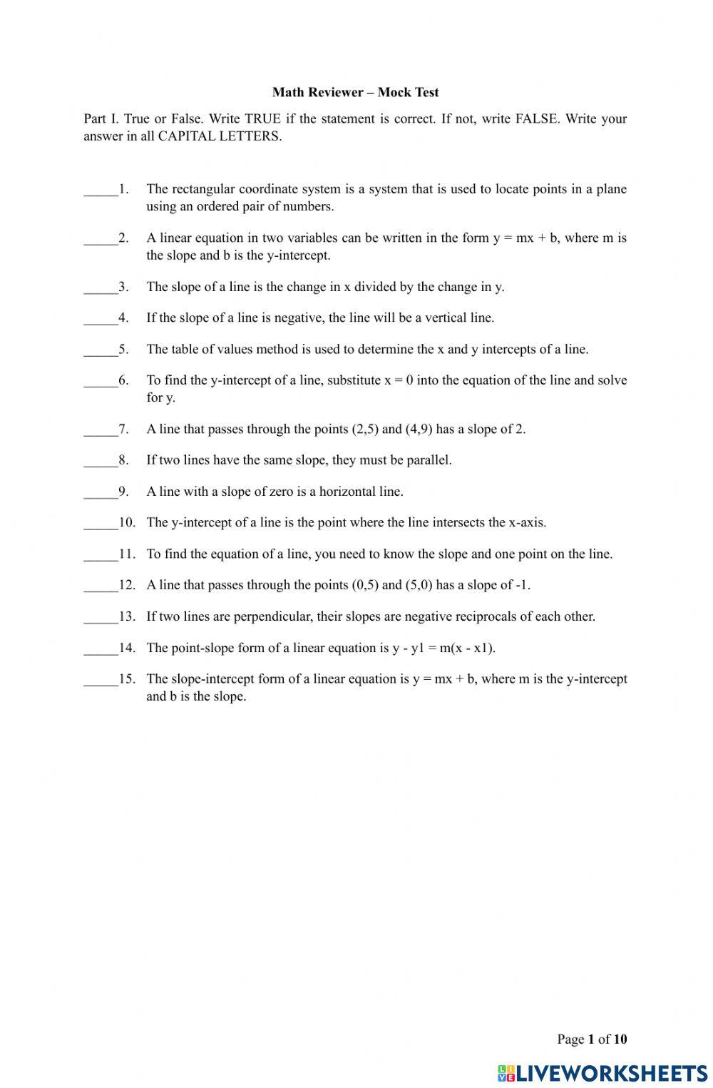 Math Reviewer on Cartesian Plane and Line worksheet | Live Worksheets