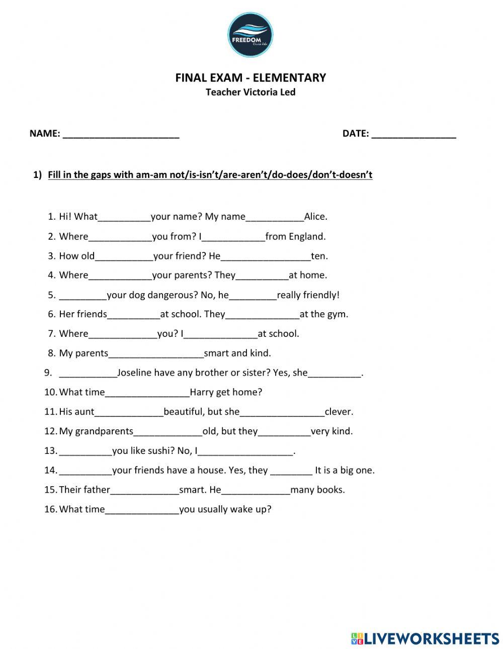 Final Exam Elementary 2332098 | Vickyled | Live