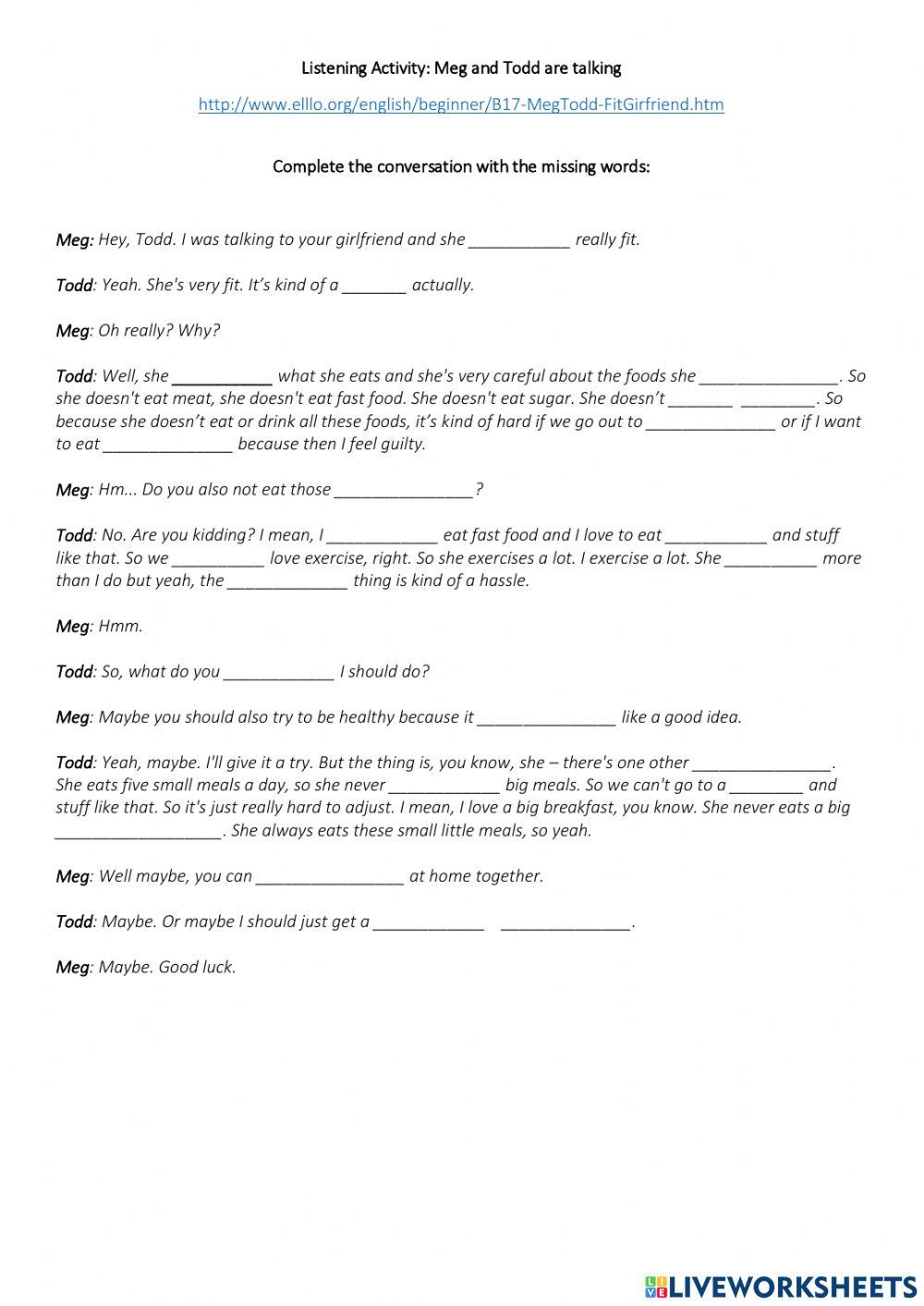 Megg Todd fit Girlfriend Listening Elllo A1 A2 worksheet | Live Worksheets