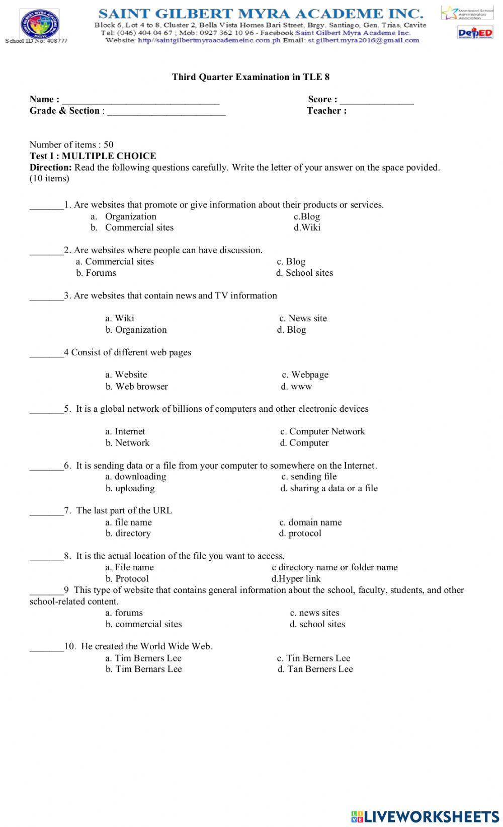 3rd quarter exam in TLE 8 online exercise for | Live Worksheets
