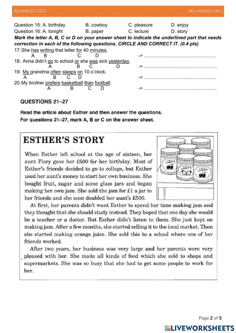 English test online exercise for 5 | Live Worksheets