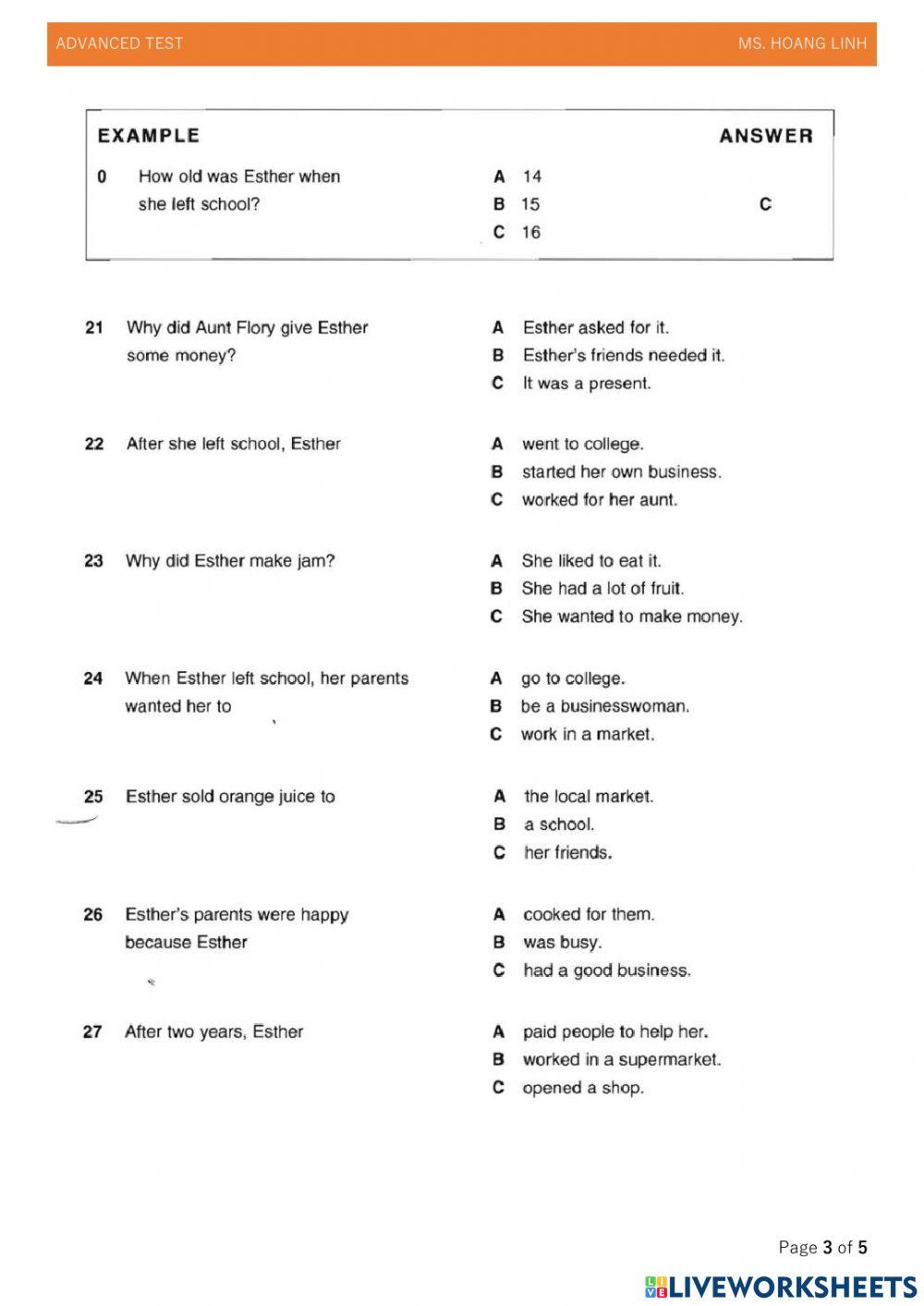 English test online exercise for 5 | Live Worksheets