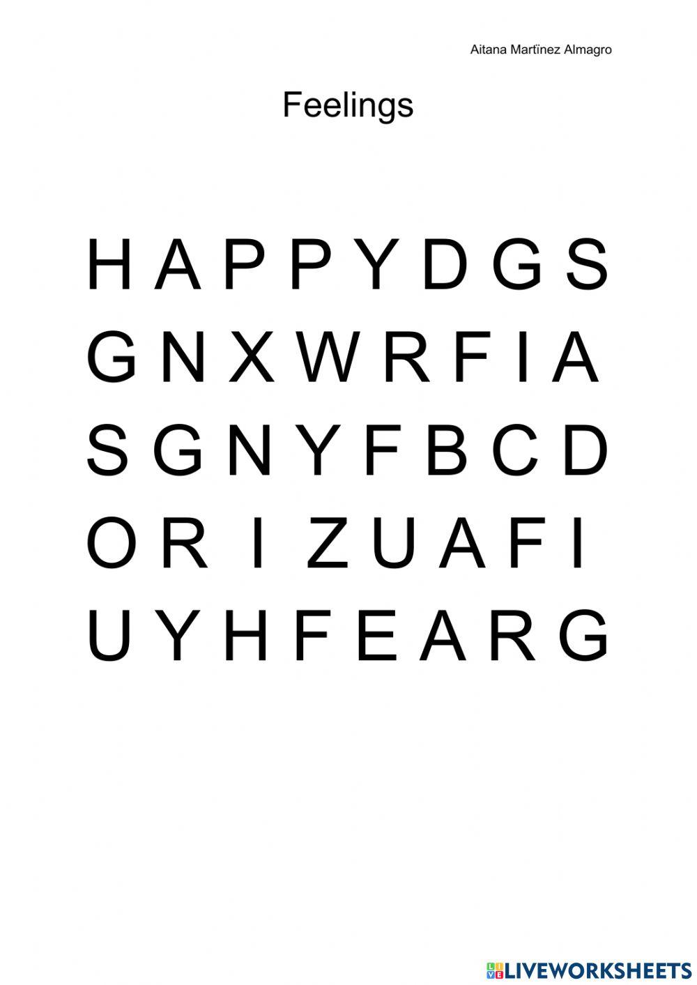 Feelings word puzzle worksheet | Live Worksheets