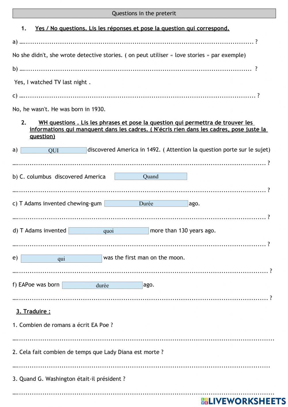 Questions in the preterit worksheet | Live Worksheets