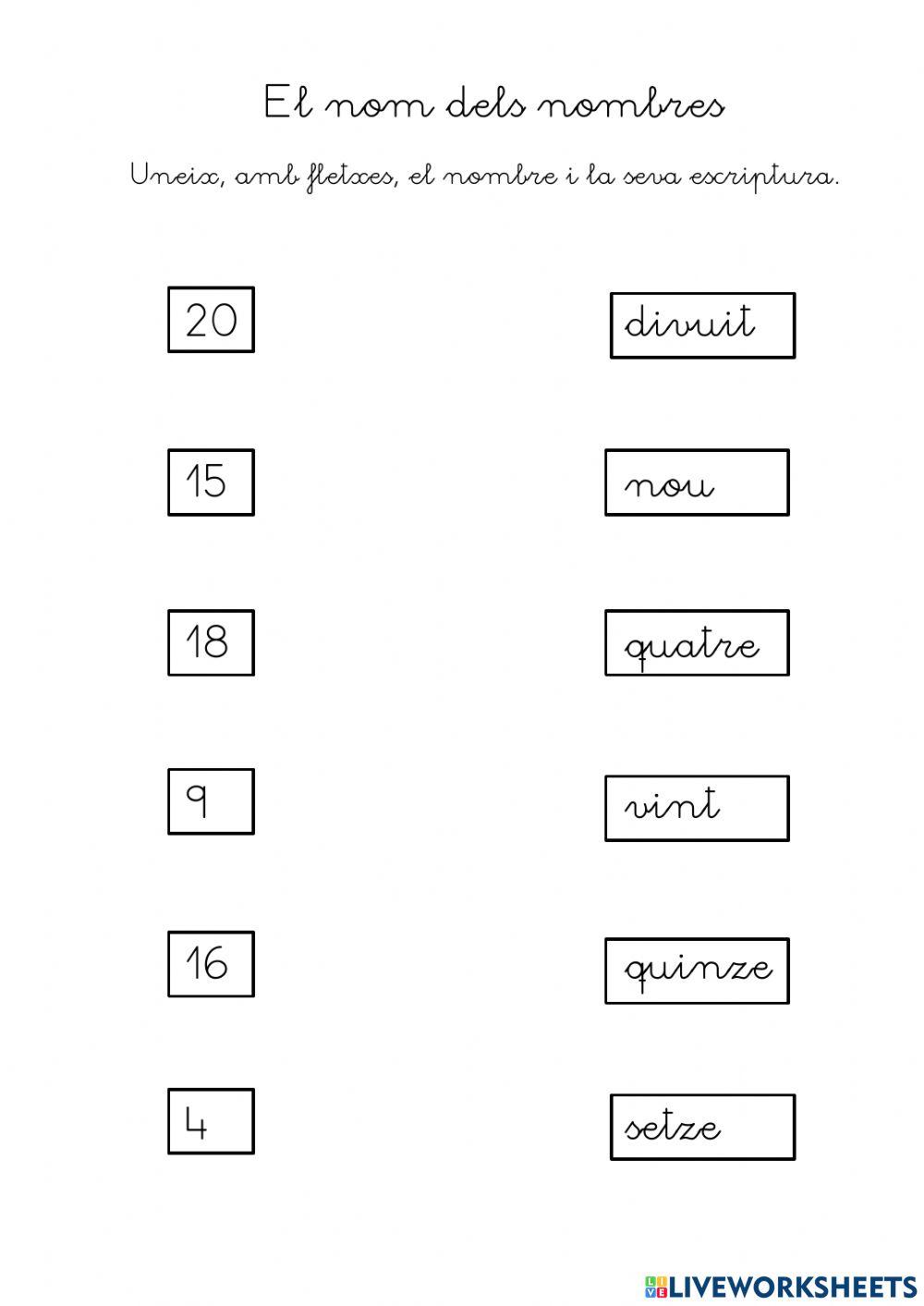 El nom dels nombres worksheet | Live Worksheets