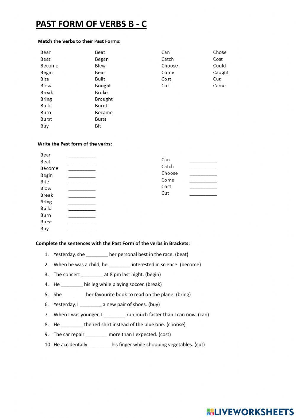 Past Verb Forms: B - C online exercise for | Live Worksheets