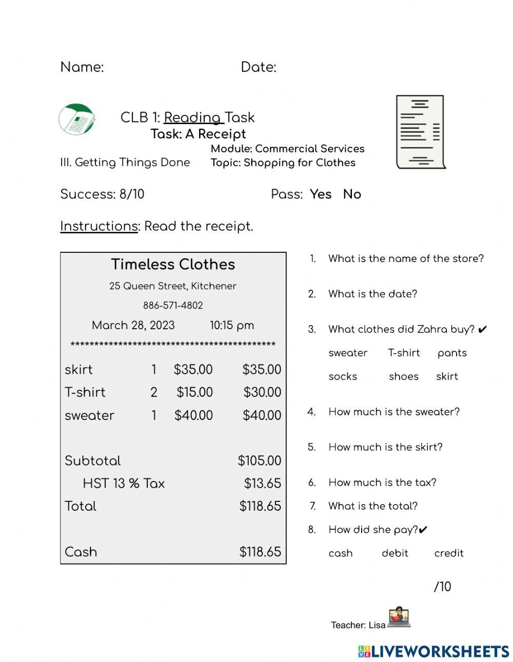 CLB1 : Shopping for Clothes - A Receipt TASK 2331784