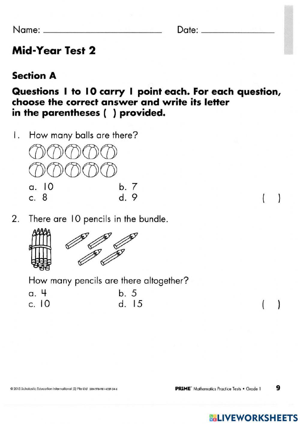 Primary 1 mid year test online exercise for | Live Worksheets