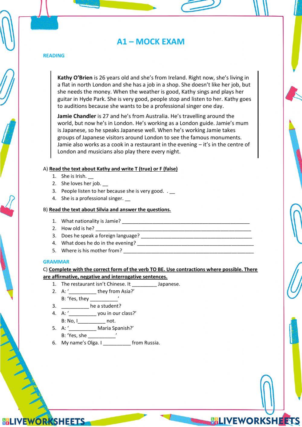 Exam online exercise for A1 | Live Worksheets