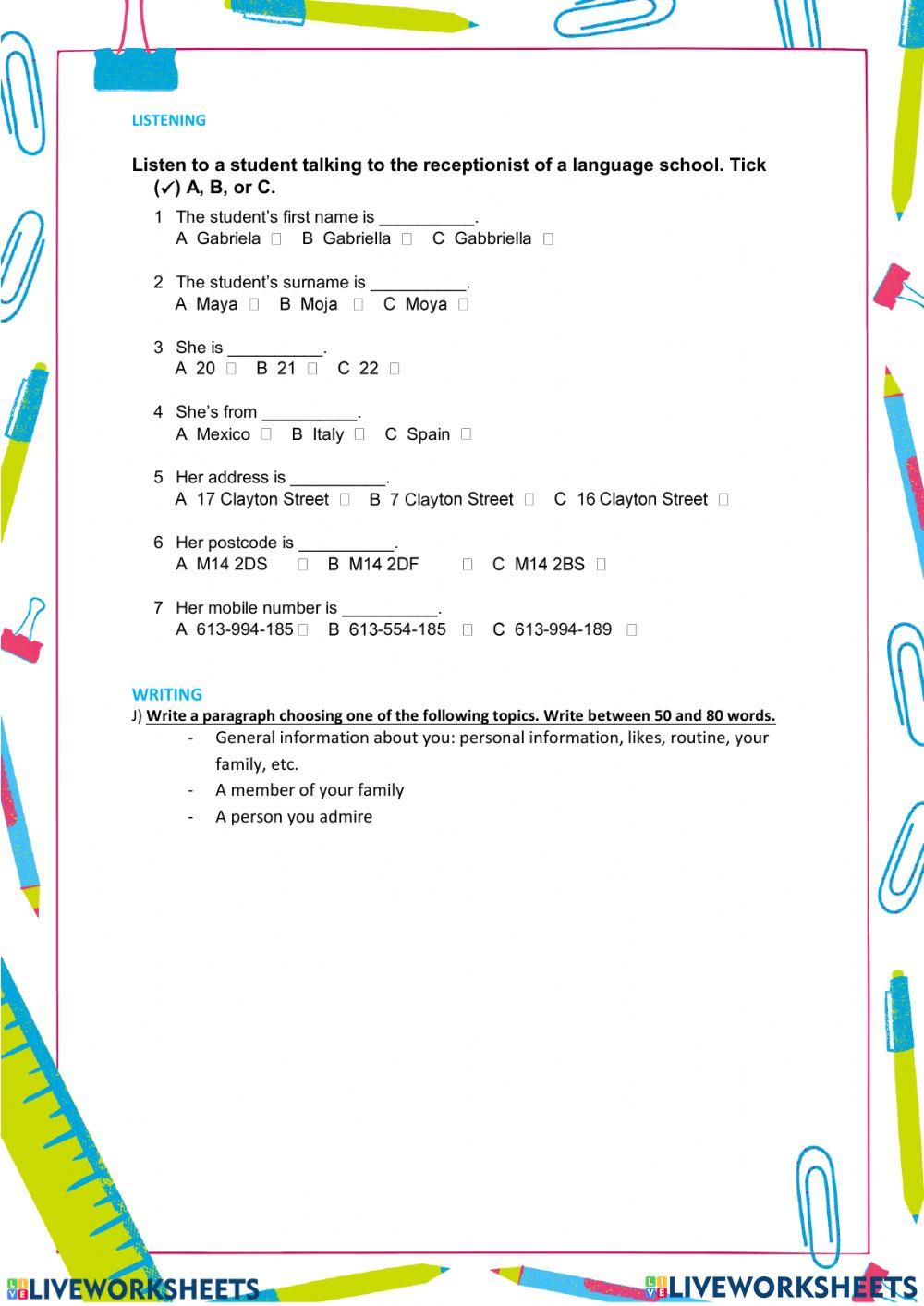 Exam online exercise for A1 | Live Worksheets
