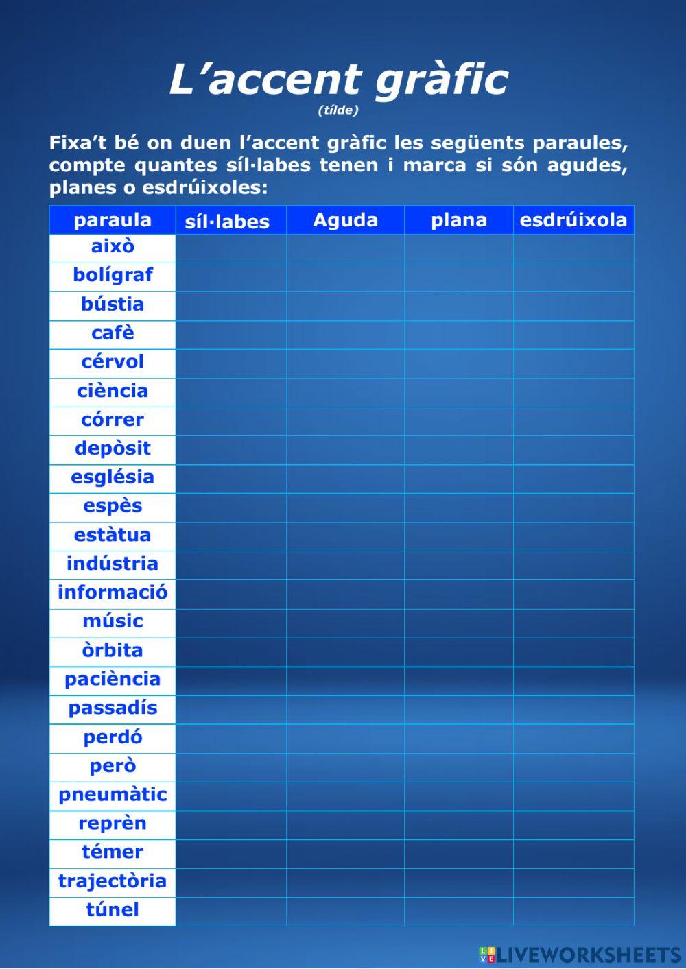 L'accent gràfic… | Free Interactive Worksheets | 2334501