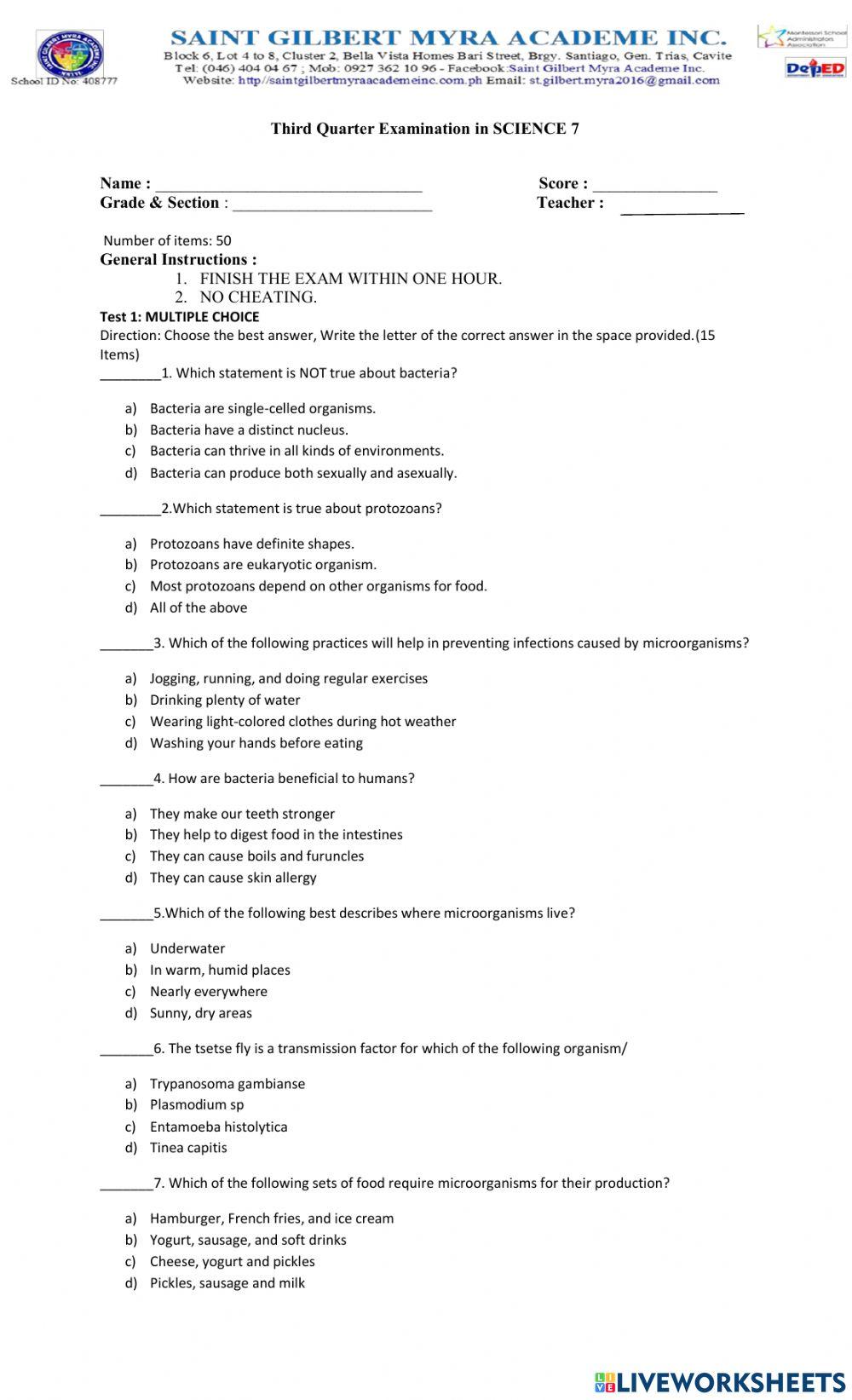 3rd quarter exam in Science 7 online exercise for | Live Worksheets
