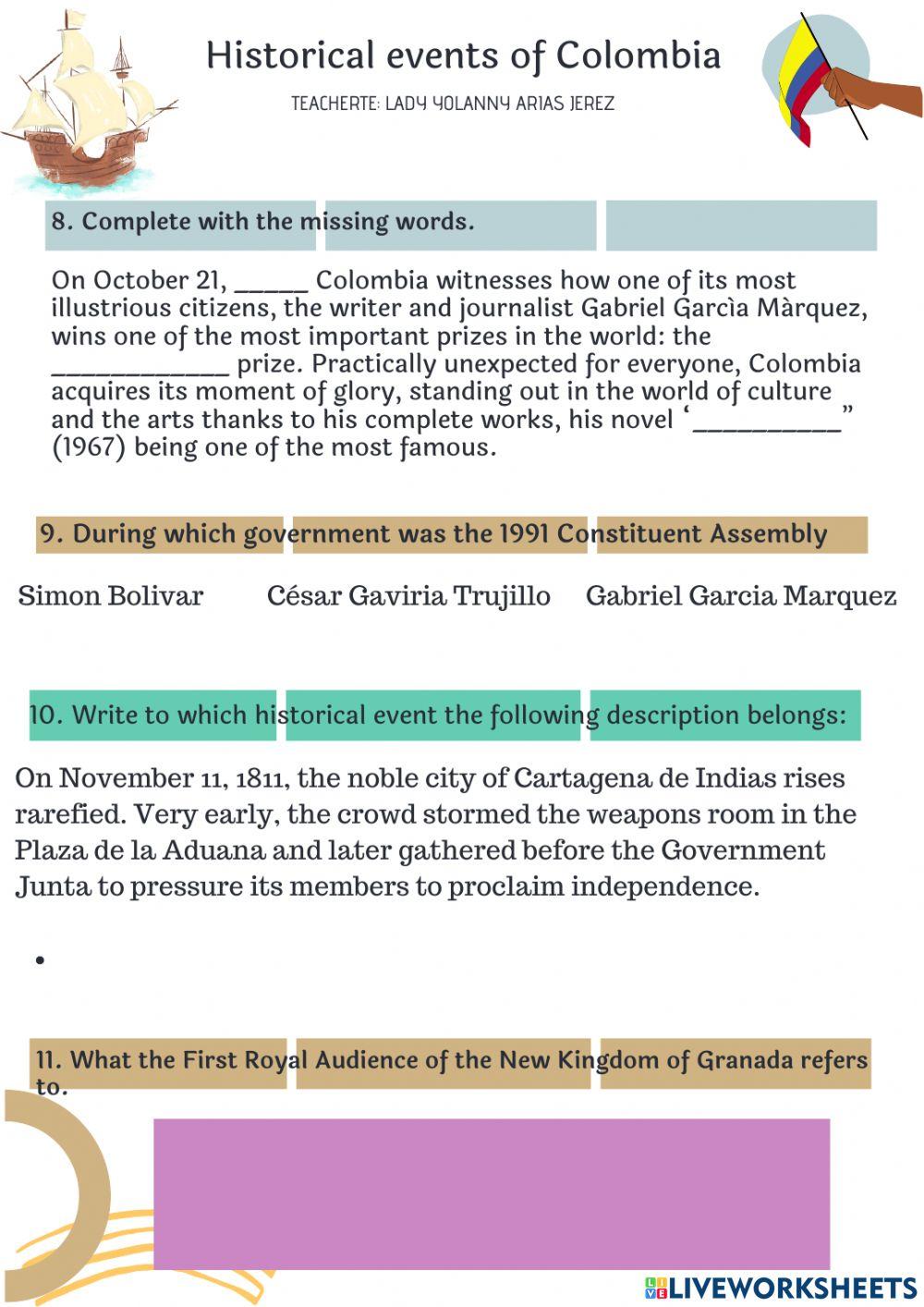 Historical events of Colombia worksheet | Live Worksheets