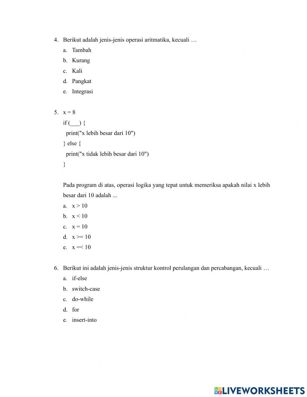 Soal Interaktif Pemrograman Dasar SMK Kelas X worksheet | Live Worksheets