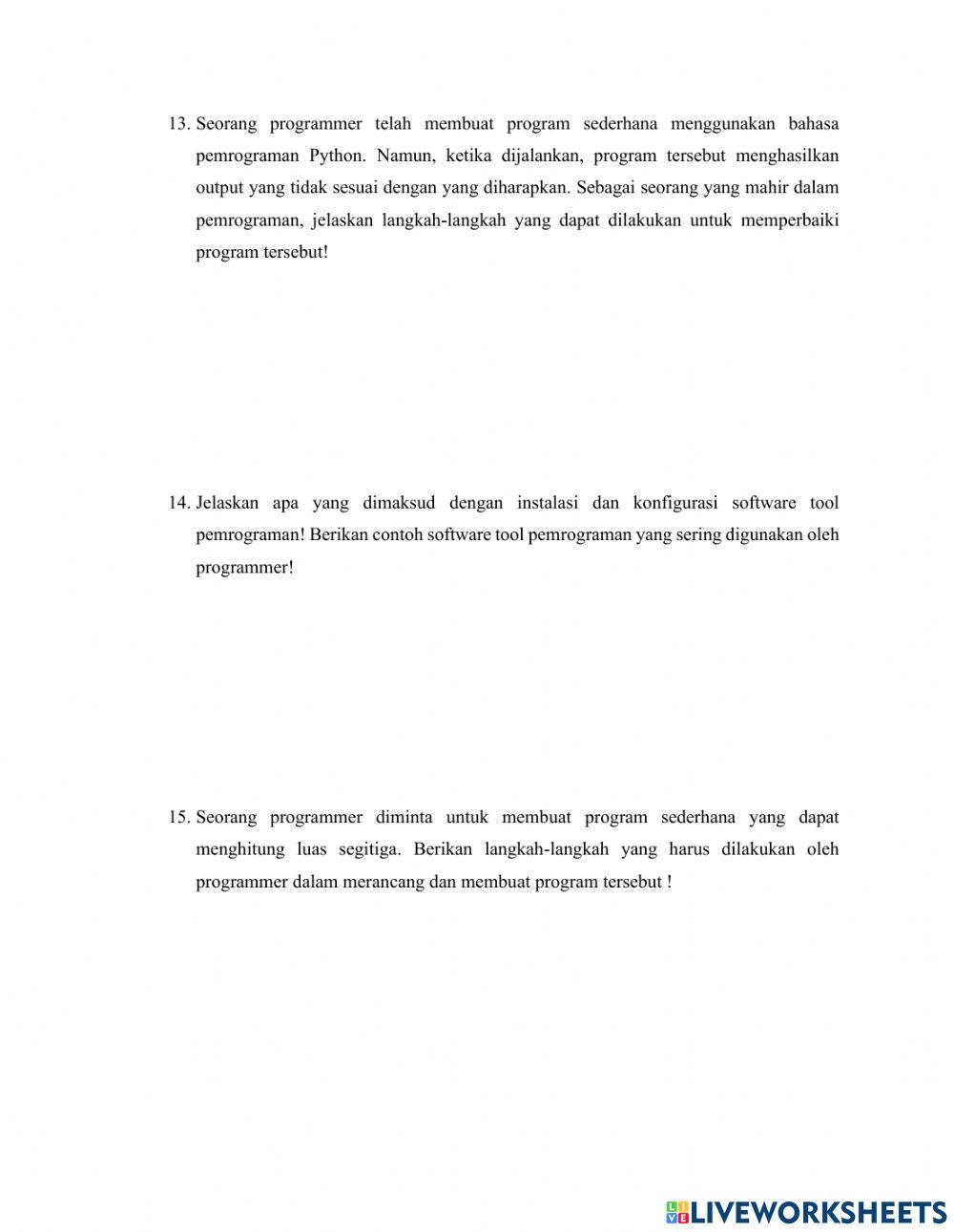 Soal Interaktif Pemrograman Dasar SMK Kelas X worksheet | Live Worksheets