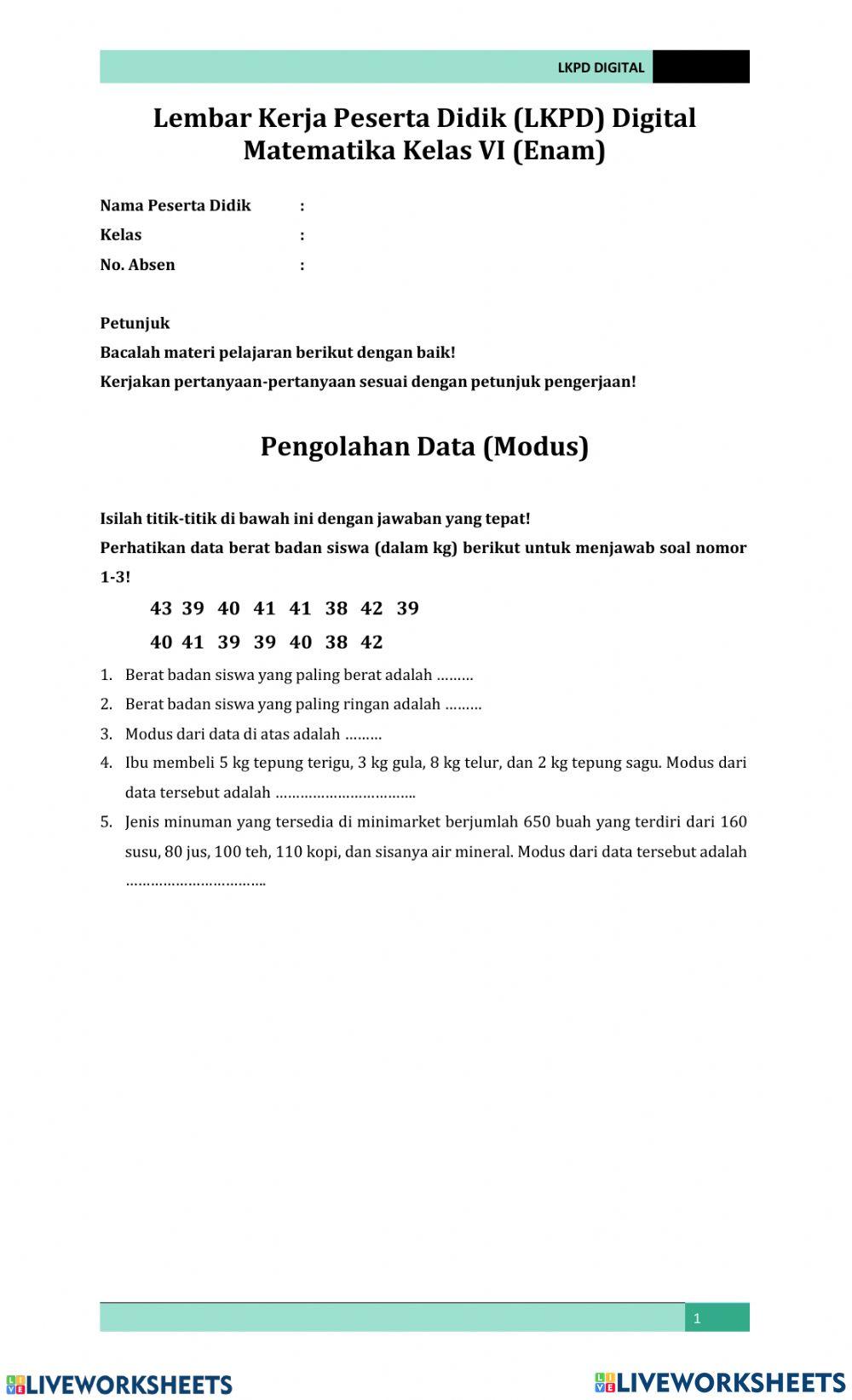 Latihan Matematika Bab 5 Modus worksheet | Live Worksheets