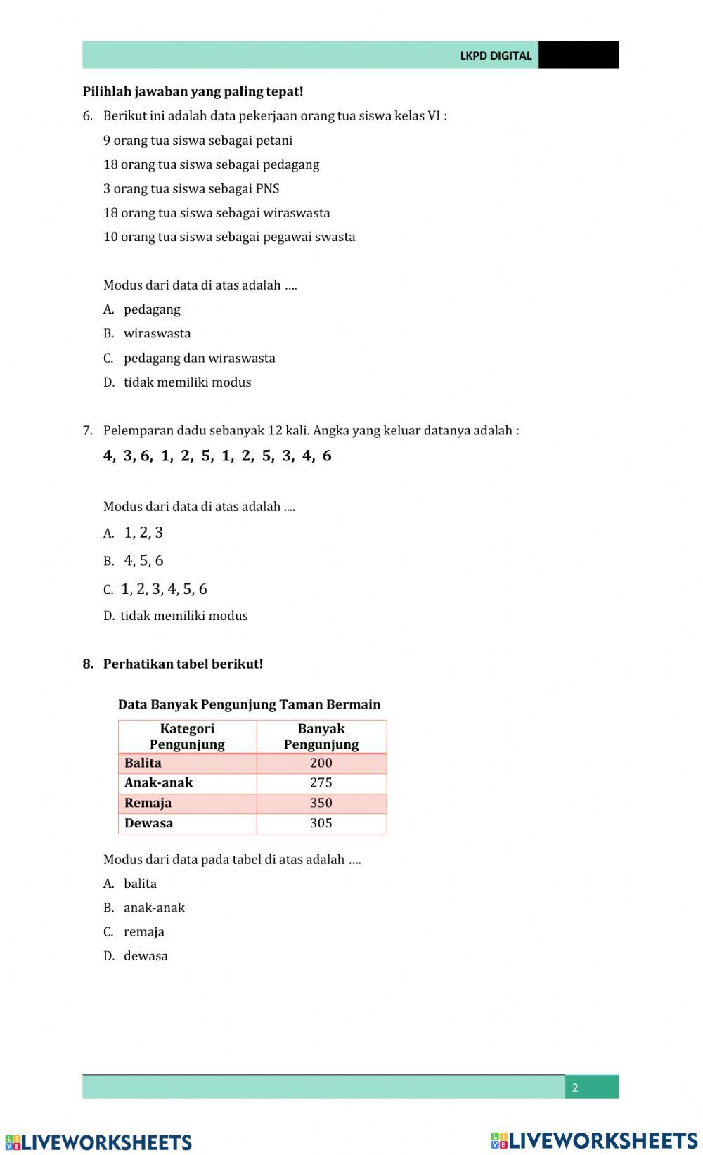 Latihan Matematika Bab 5 Modus worksheet | Live Worksheets