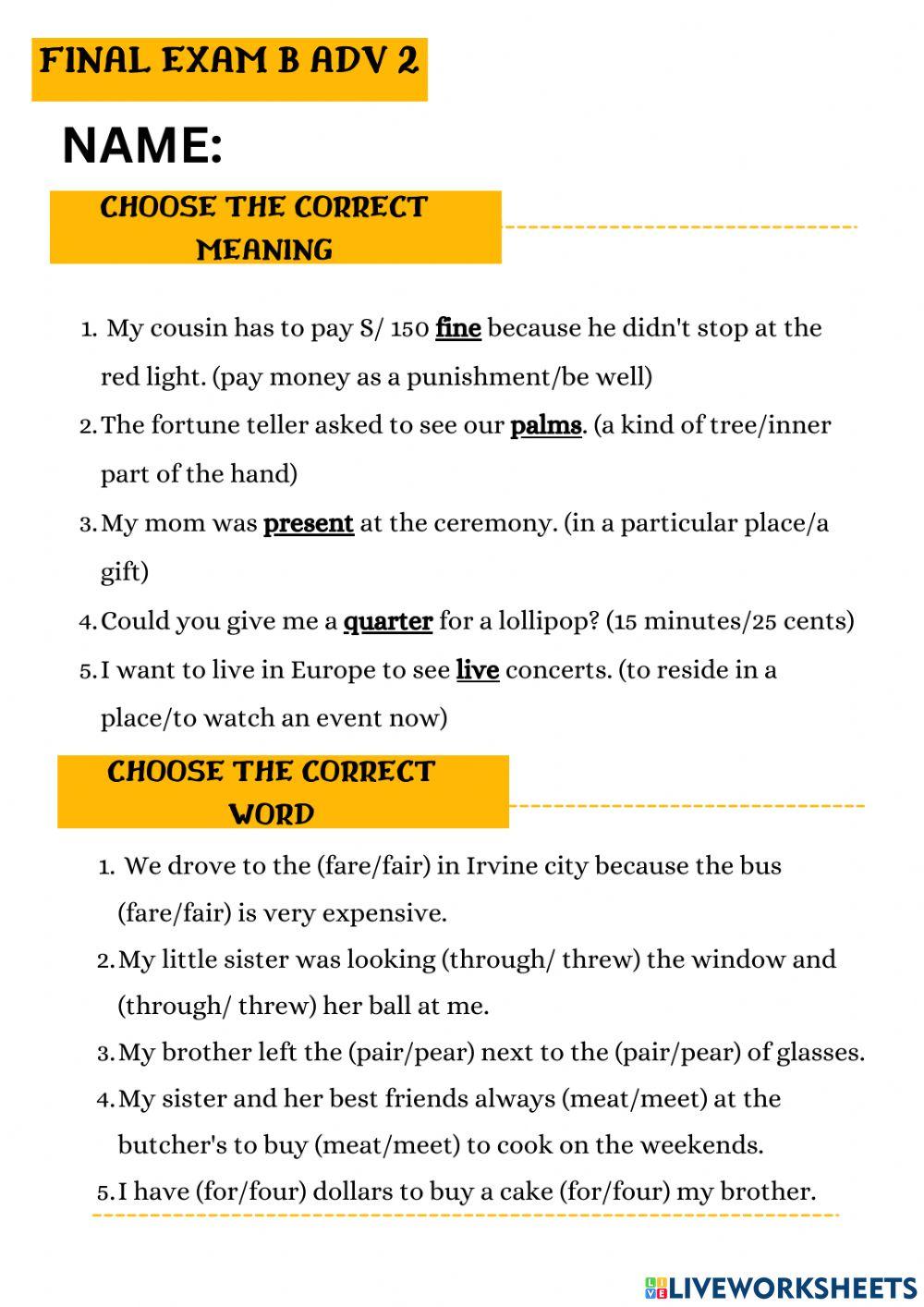 BASIC ADVANCED 2 FINAL EXAM online exercise for | Live Worksheets