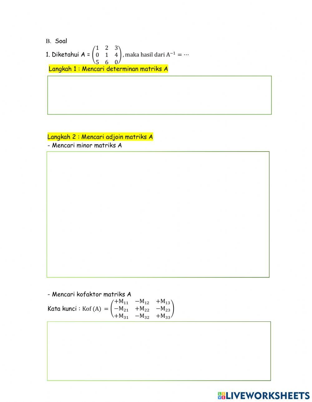 Invers Matriks Ordo 3x3 interactive worksheet | Live Worksheets