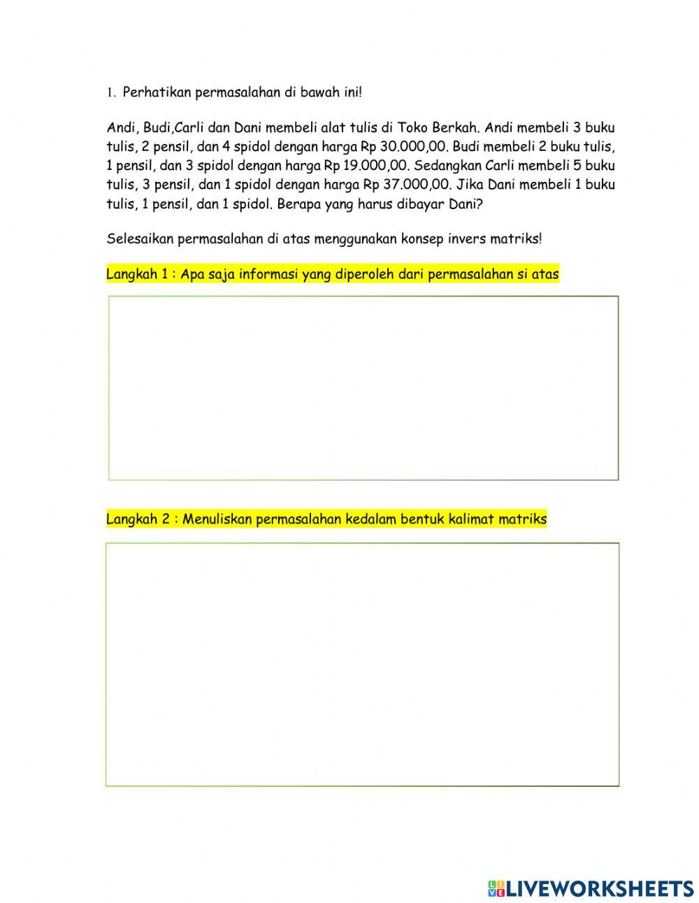 Invers Matriks Ordo 3x3 interactive worksheet | Live Worksheets