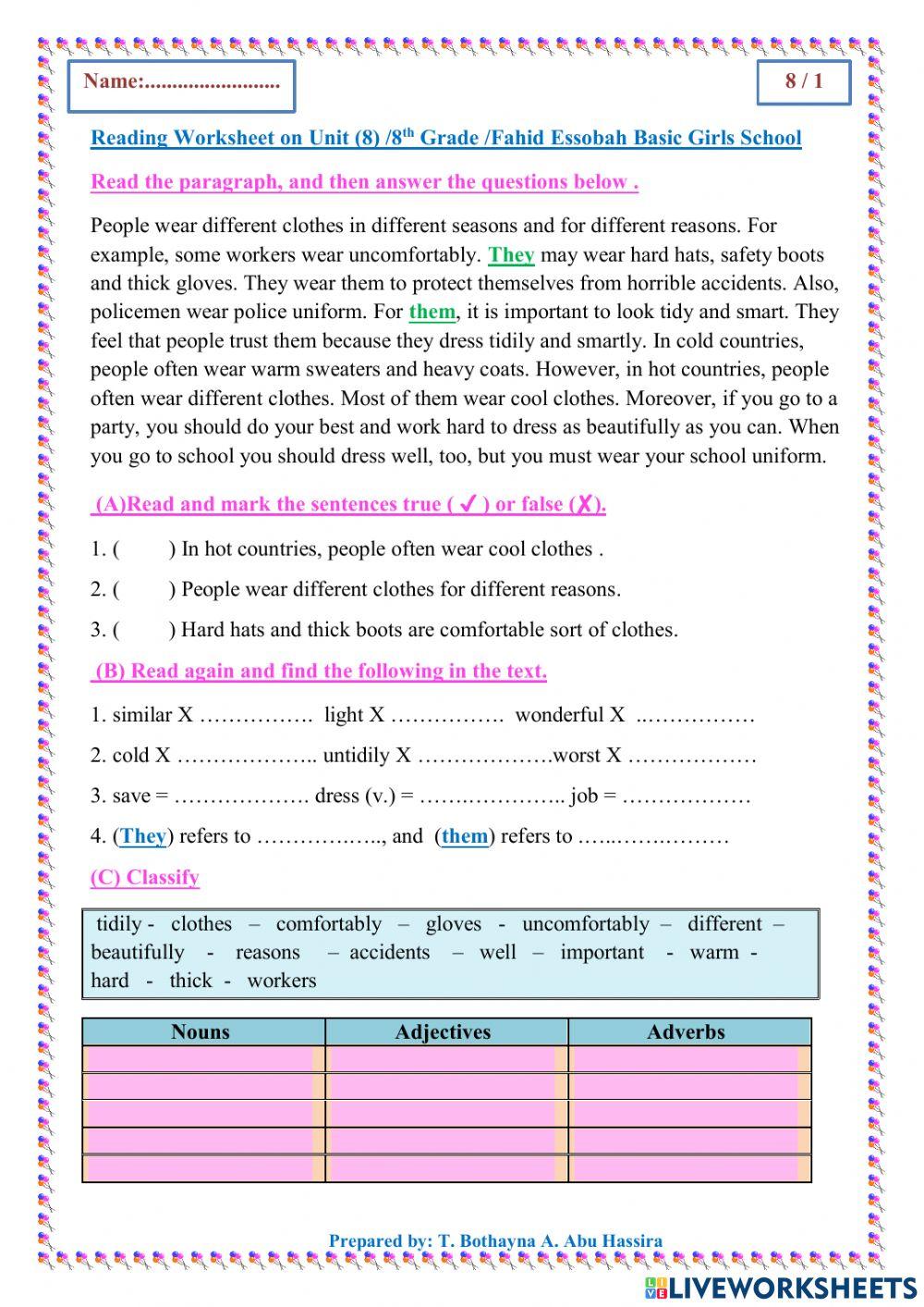 Reading 8th G Unit8 worksheet | Live Worksheets