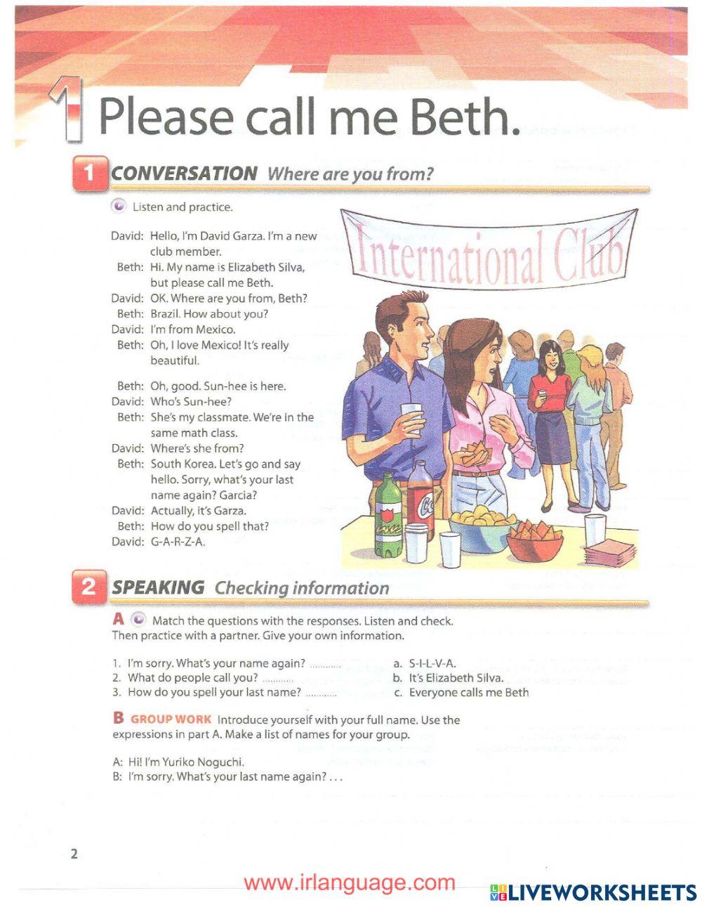 Unit 1 Please call me Beth 2555302 | Liliana Araujo