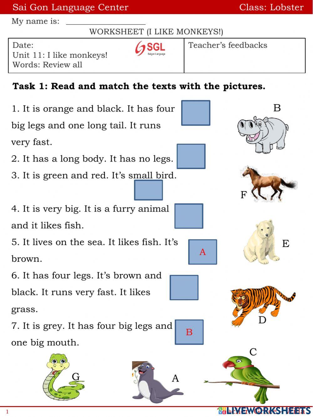 I like monkeys! interactive exercise for Class: Lobster | Live Worksheets