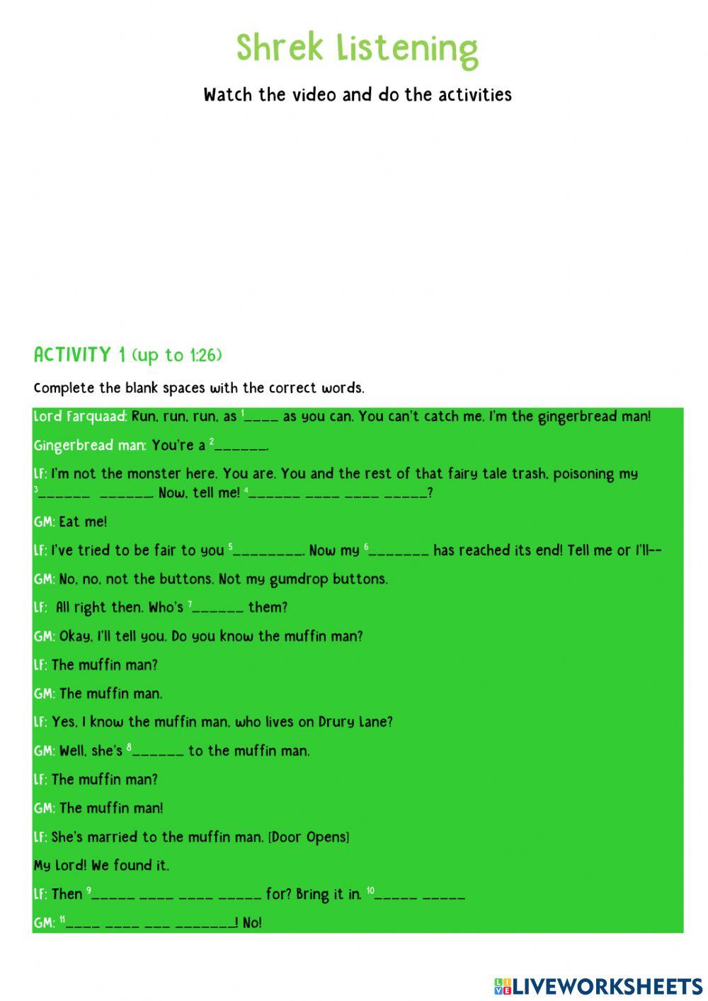 Shrek Listening | Free Interactive Worksheets | 2308918