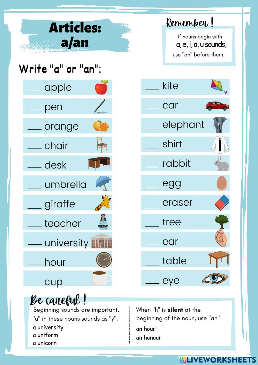Articles classwork online exercise for | Live Worksheets