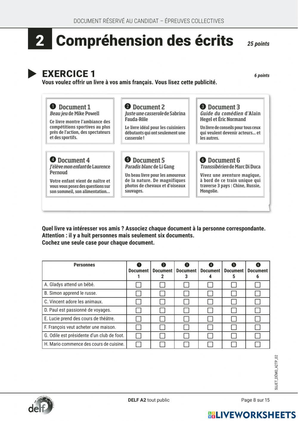 Comprehension des écrits DELF A2 Ex 5 | Daniela