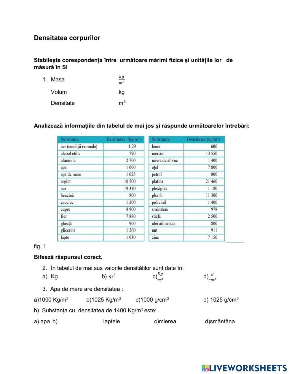 Densitatea corpurilor interactive worksheet | Live Worksheets