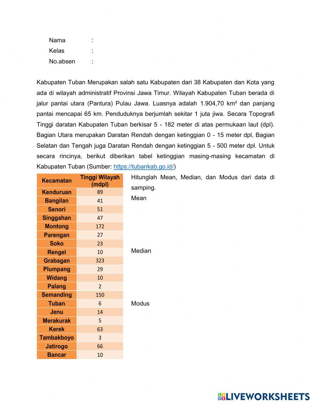 LKPD Mean, Median, Modus online exercise for | Live Worksheets