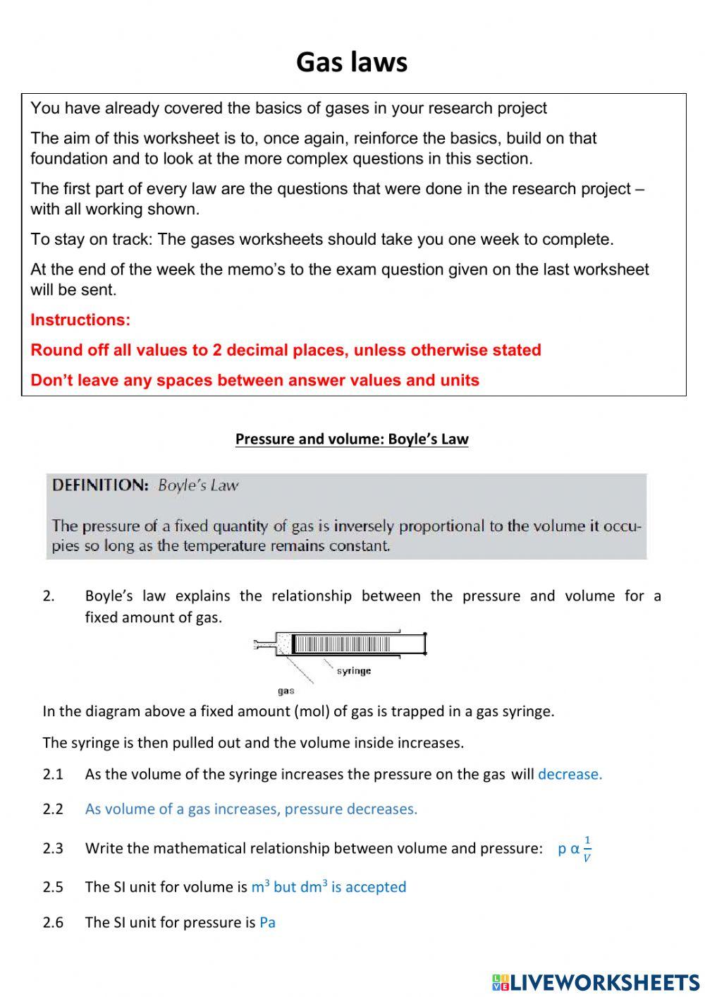 Gas Laws project revision 1 worksheet | Live Worksheets