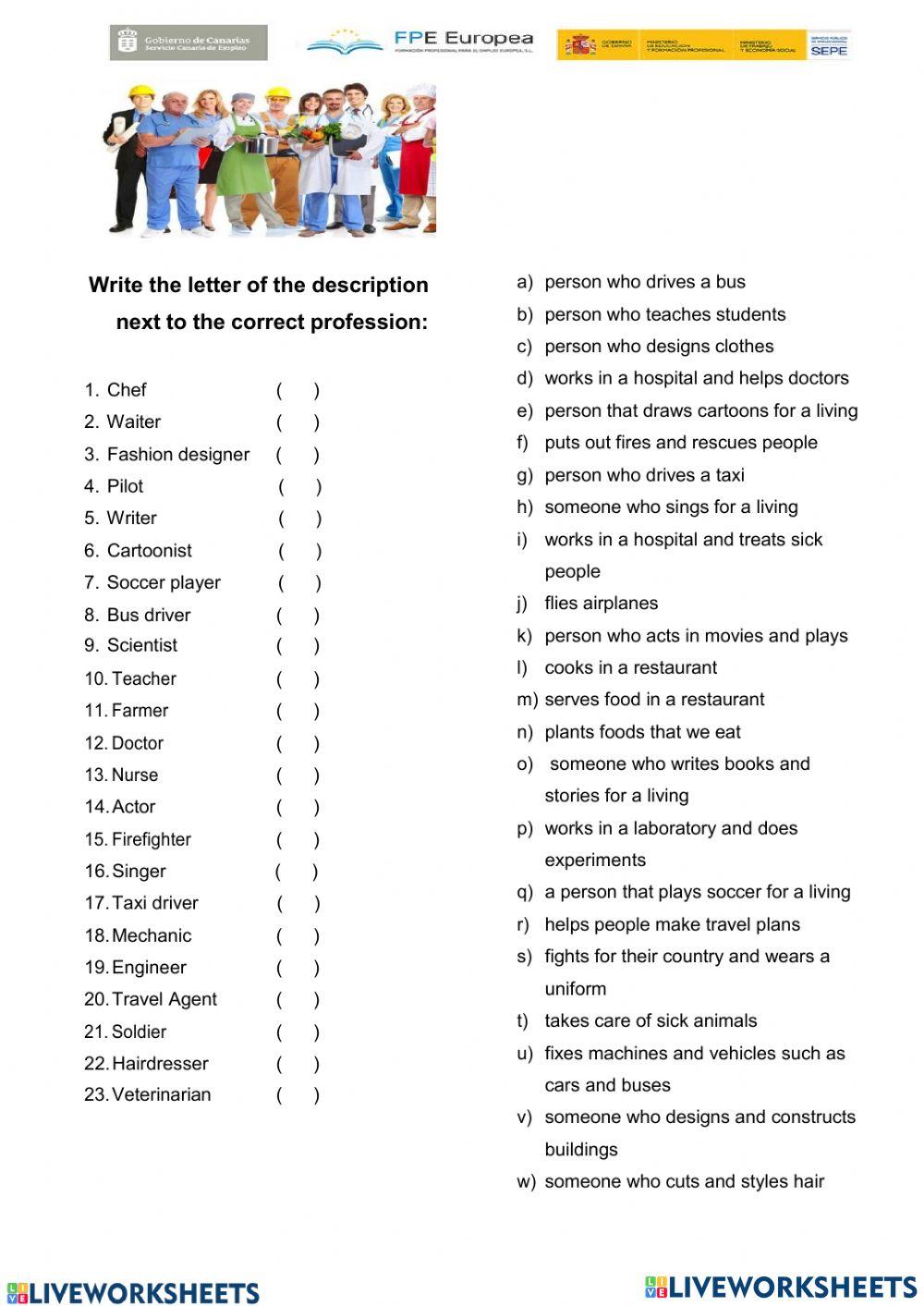 Professions online exercise for A1 | Live Worksheets