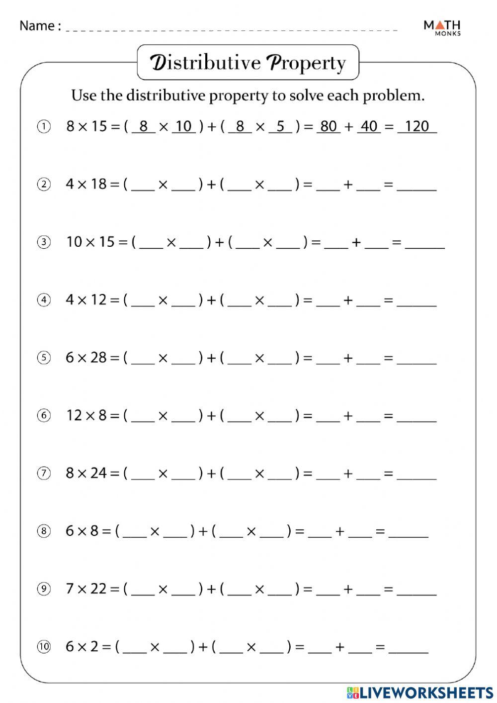 2313535 Distributive Law Mspaul LiveWorksheets 2313535-distributive-law-mspaul-liveworksheets
