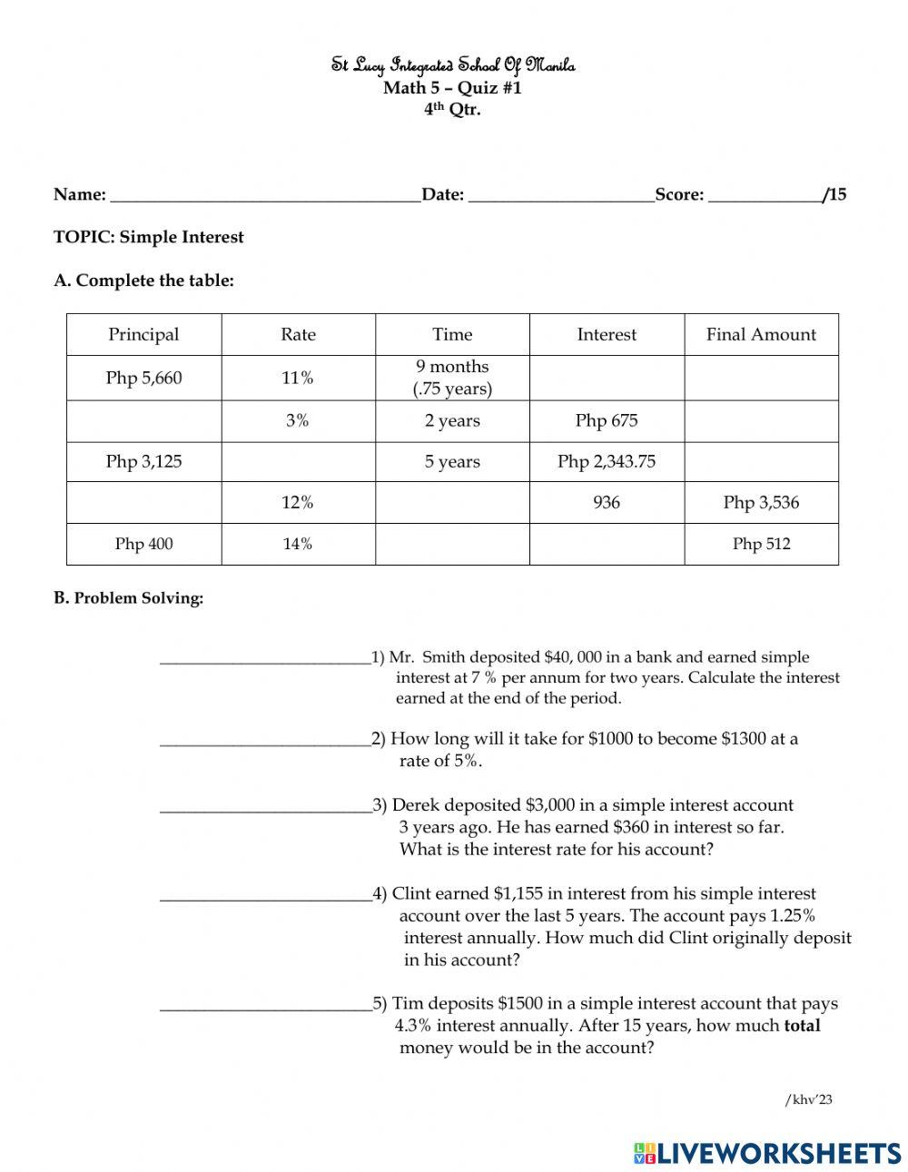 Math 5 Quiz - 1 Simple Interest online exercise for | Live Worksheets Math 5 Quiz - 1 Simple Interest online exercise for | Live Worksheets