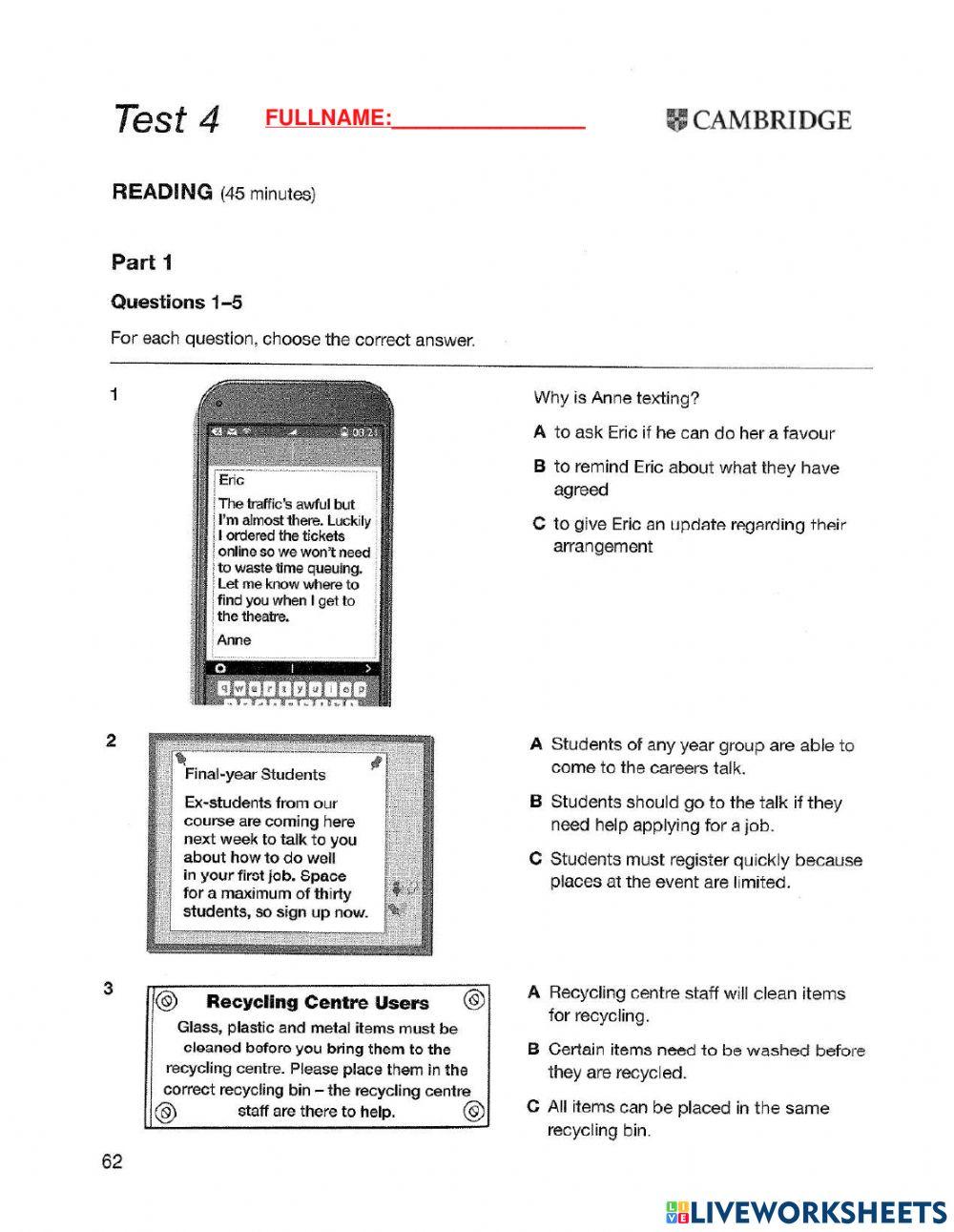 B1 authentic 4 reading worksheet | Live Worksheets