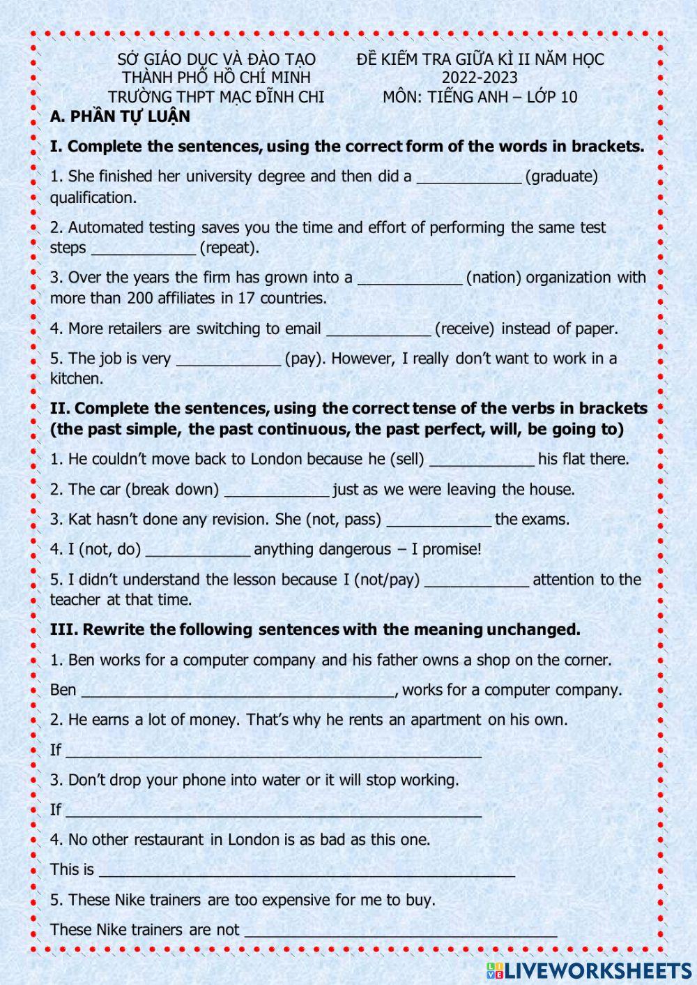 E10 - MDC - Mid term 2 - 22-23 worksheet | Live Worksheets