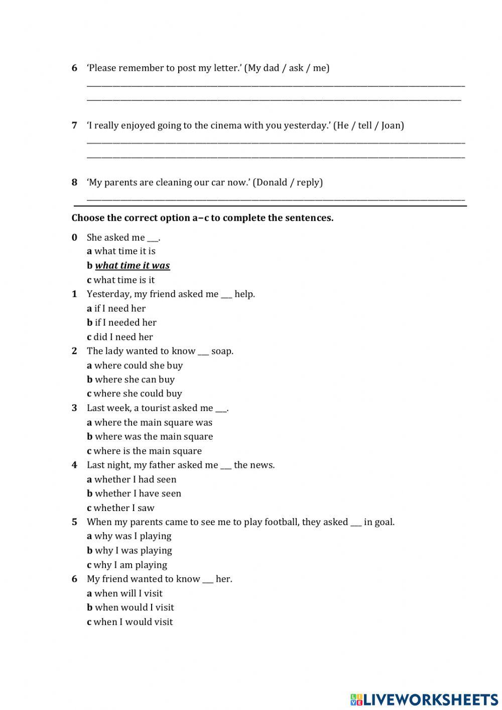 Reported Speech Test activity for 9-10 | Live Worksheets