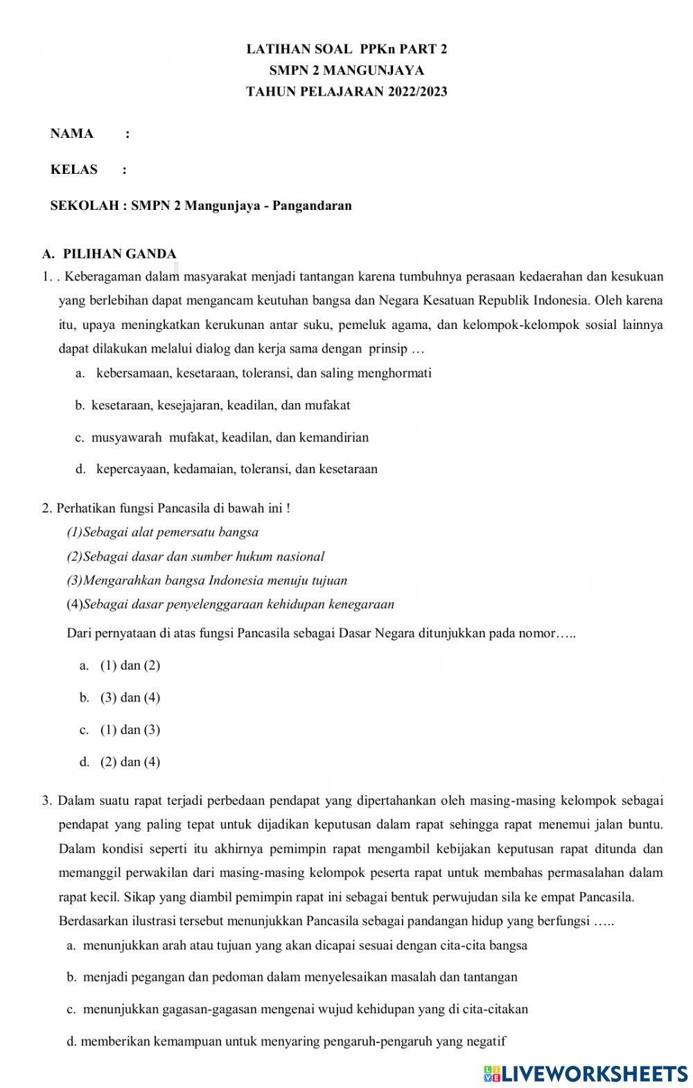 LATIHAN SOAL PPKn PART-2 worksheet | Live Worksheets