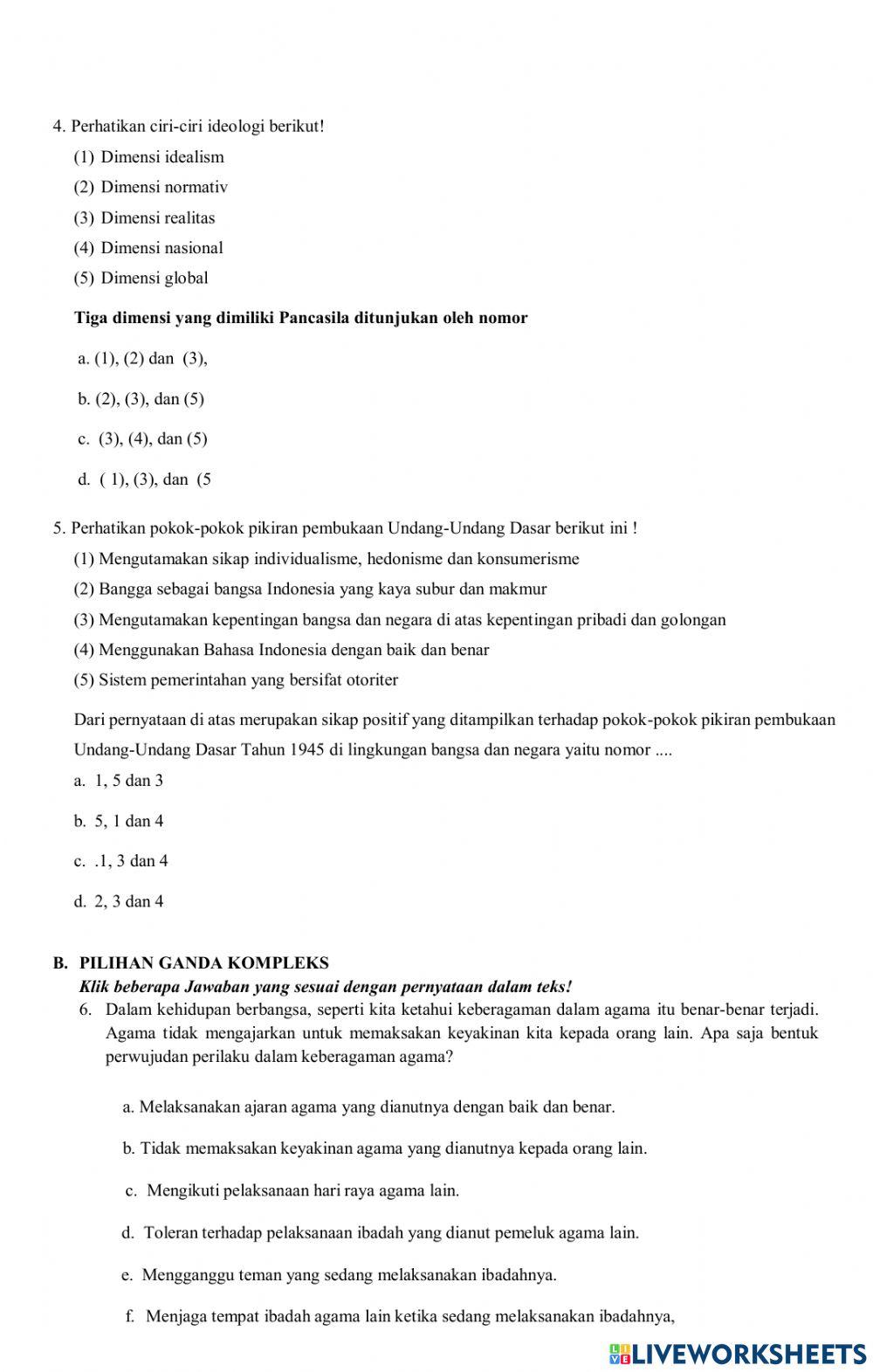 LATIHAN SOAL PPKn PART-2 worksheet | Live Worksheets