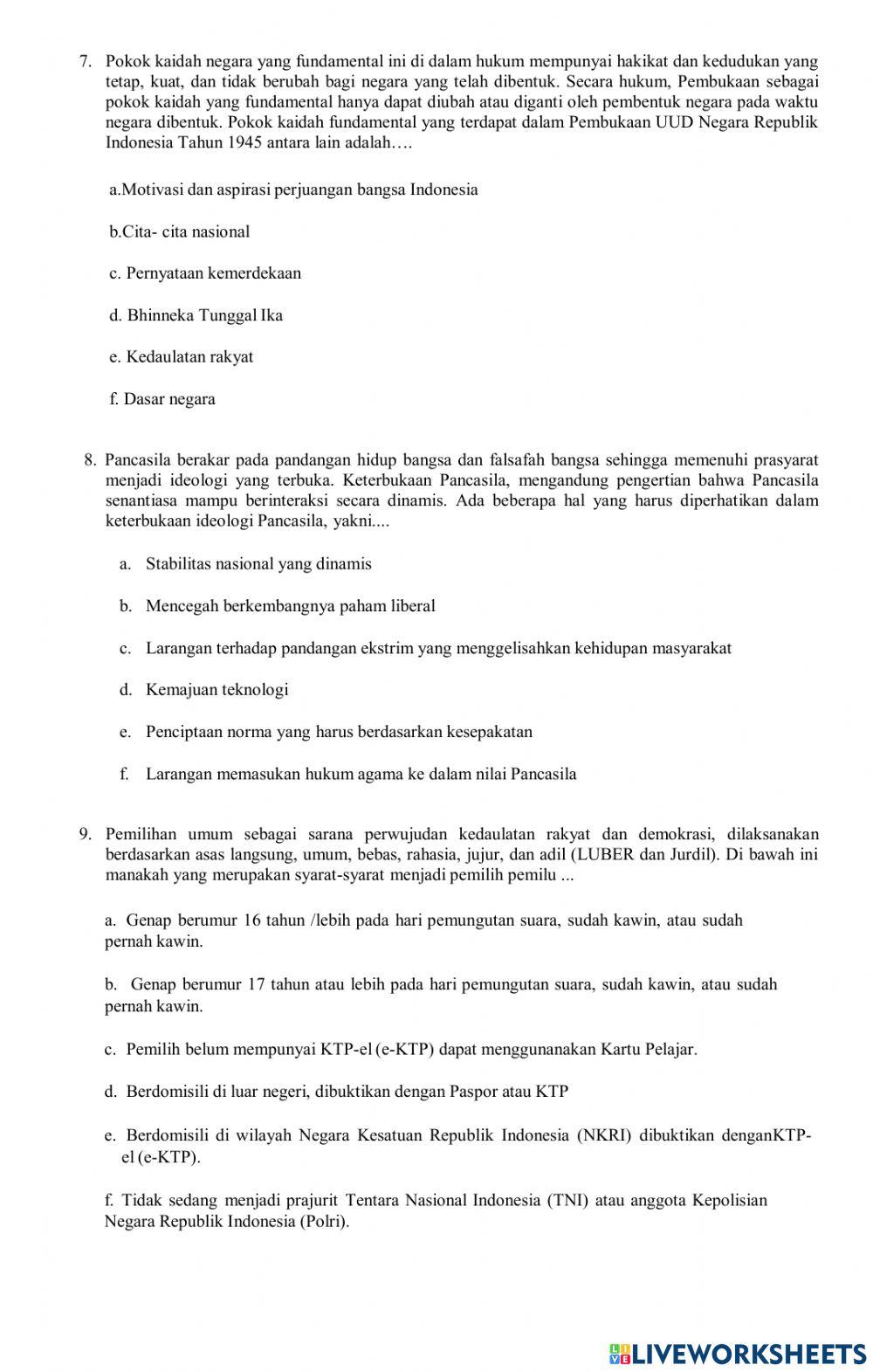 LATIHAN SOAL PPKn PART-2 worksheet | Live Worksheets
