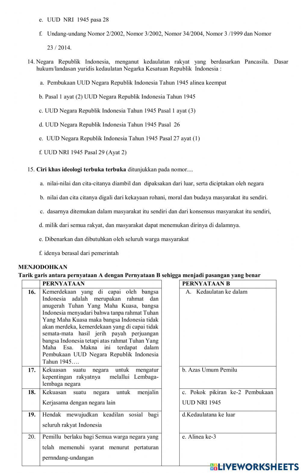 LATIHAN SOAL PPKn PART-2 worksheet | Live Worksheets