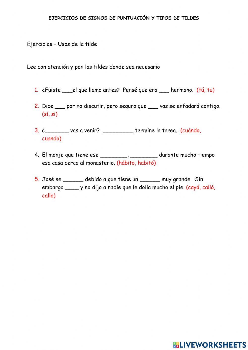 Ejercicios de signos de puntuación y tipos de tilde
