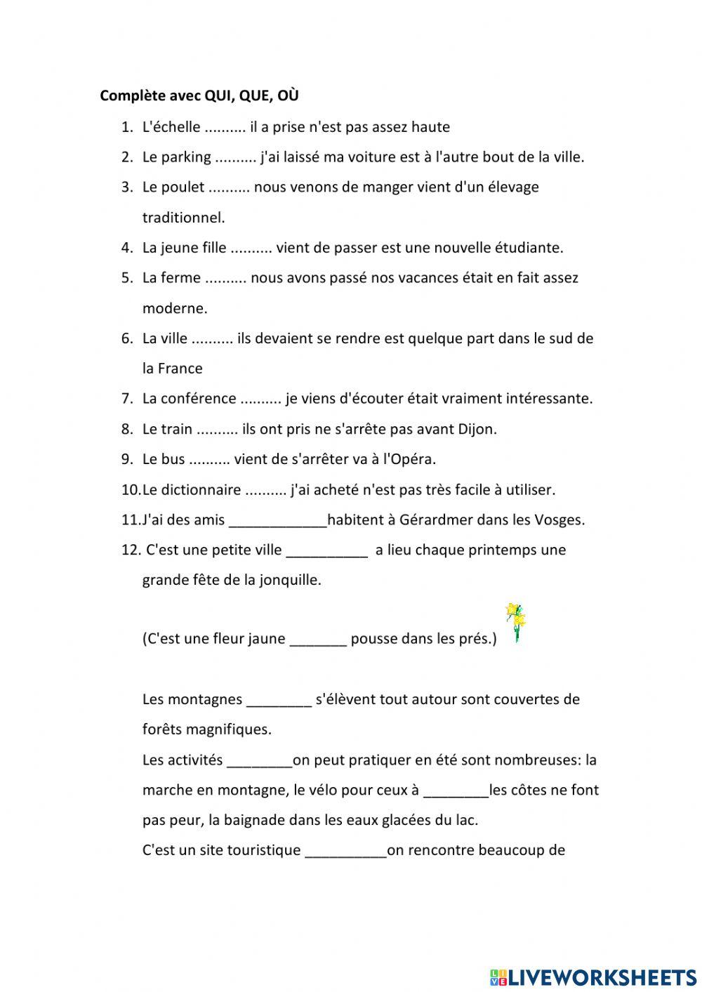 QUI, QUE (QU'), OÙ online exercise for | Live Worksheets