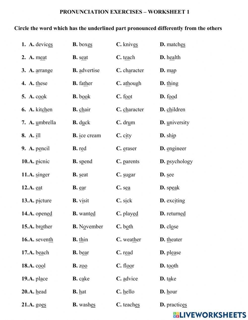 Lop 5- pronounciation-ws 1 worksheet | Live Worksheets