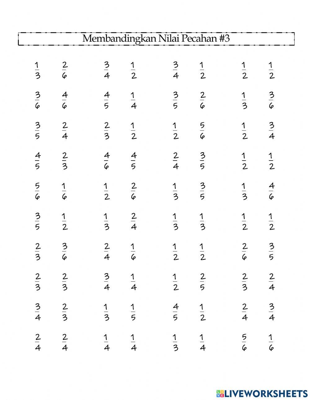 Membandingkan Nilai Pecahan-3 worksheet | Live Worksheets