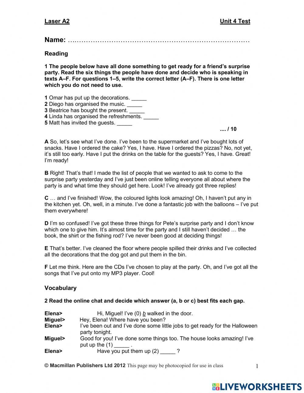 Unit 4 Laser A2 online exercise for | Live Worksheets